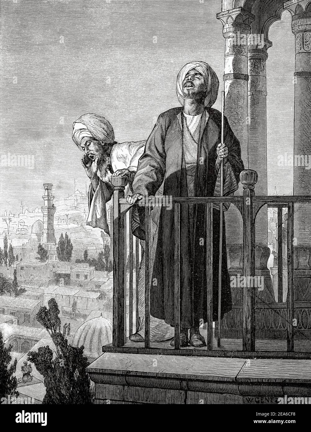 Muezzin calling to prayer from the minaret of an arab mosque, Ancient ...