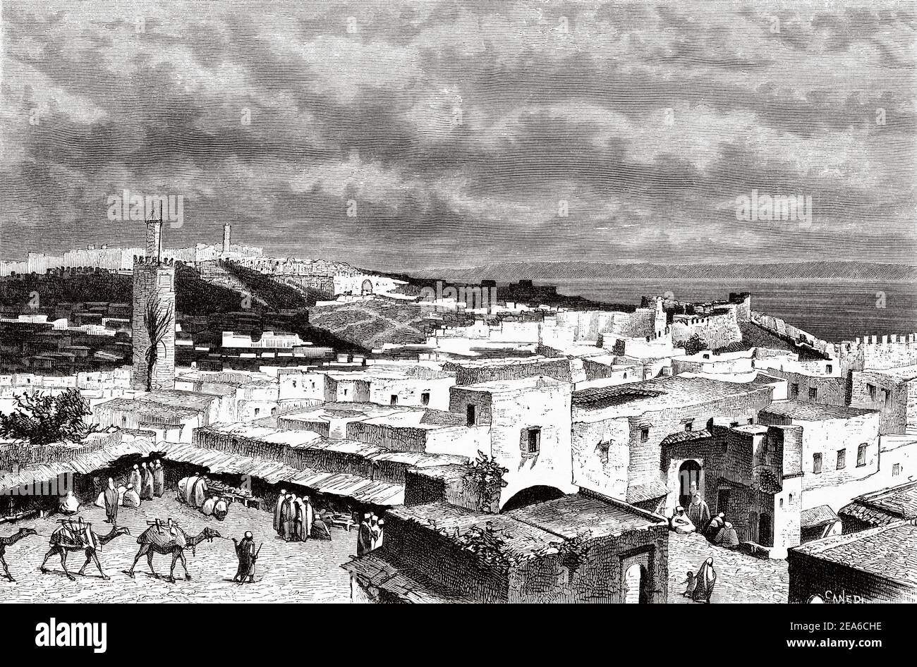 Panoramic general view of the Moroccan city of Tangier in the 19th ...