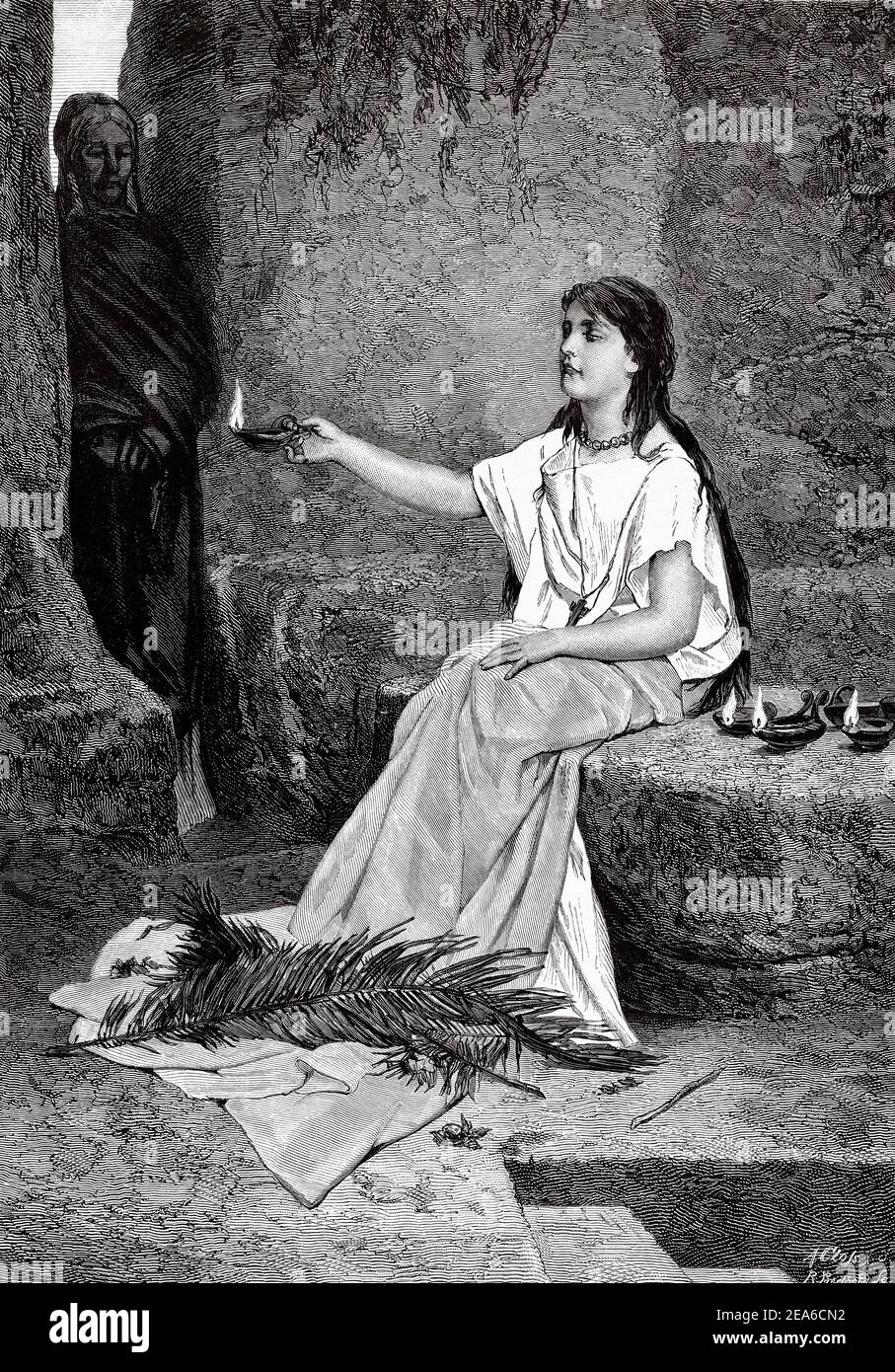 Old Nineteenth century illustration. Light engraving of a painting by ...