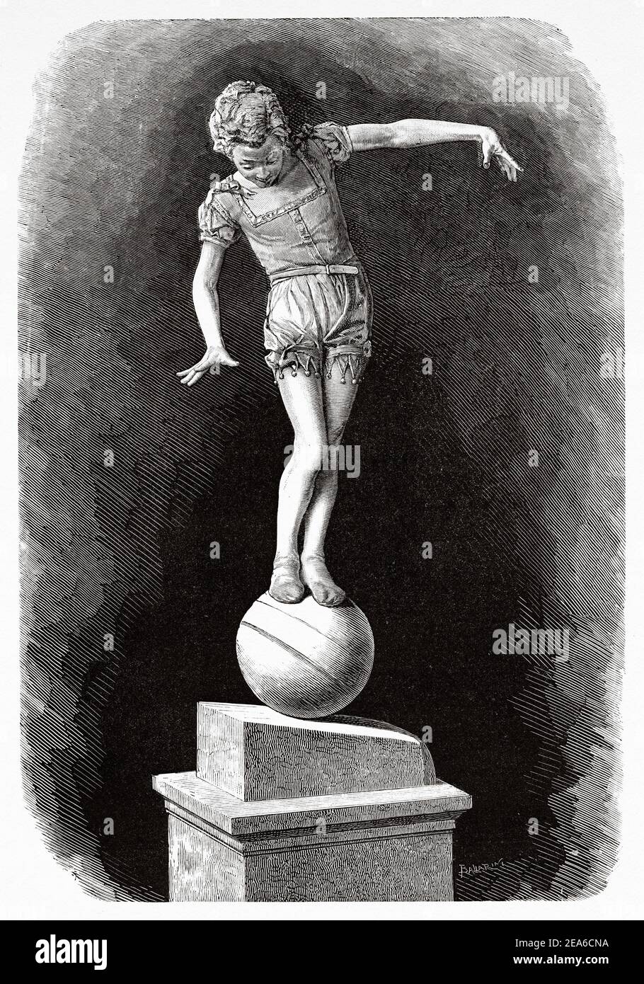 Old Nineteenth century illustration. Boy balancing on a ball. Old 19th ...