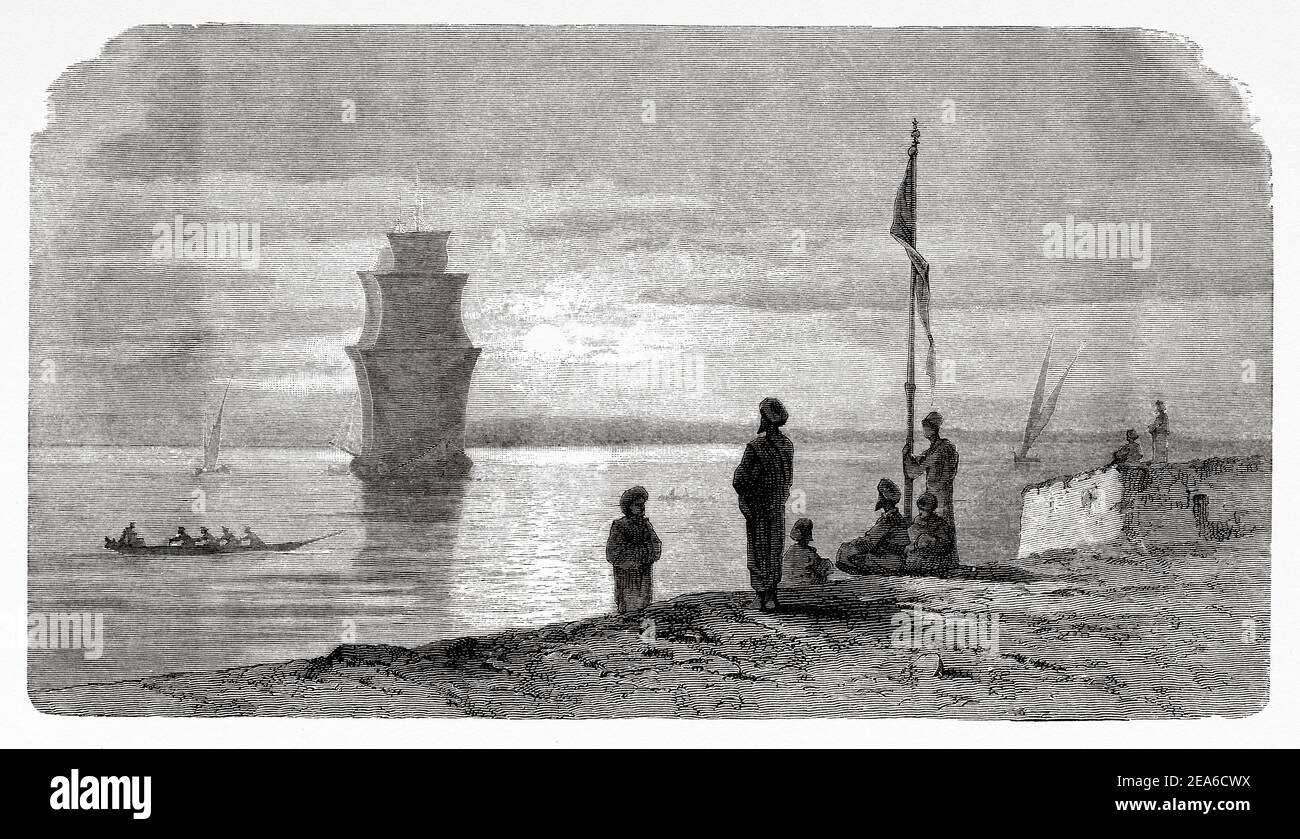 Night on the shores of the Red Sea. Ancient Egypt History. Old 19th ...