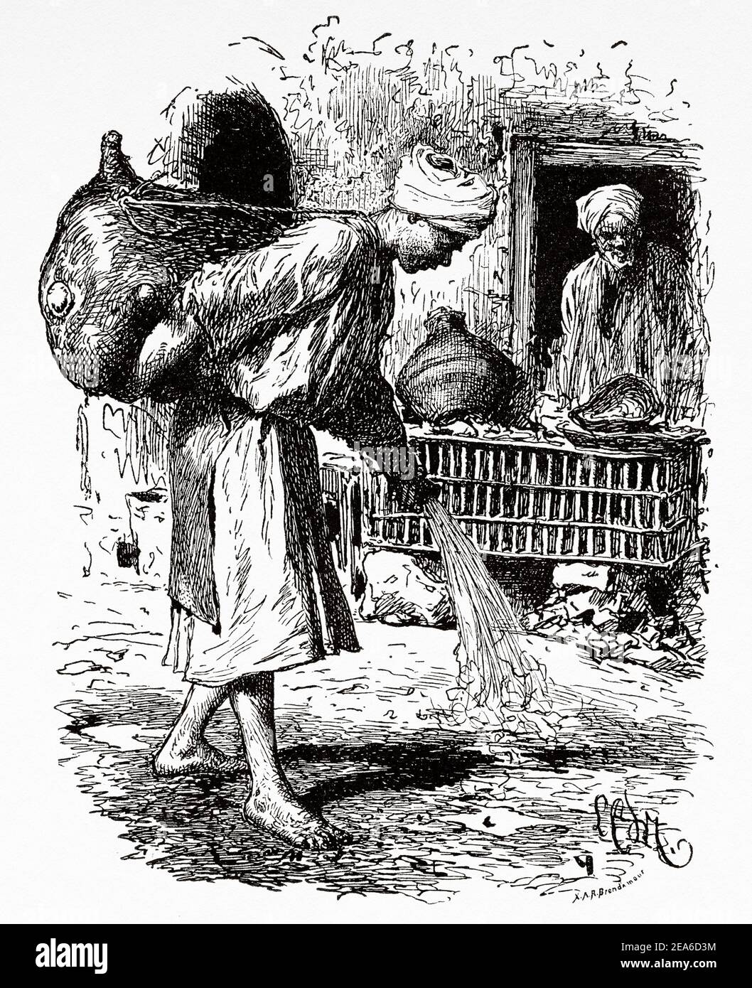 Young arab watering the streets Cairo. Ancient Egypt History. Old 19th ...