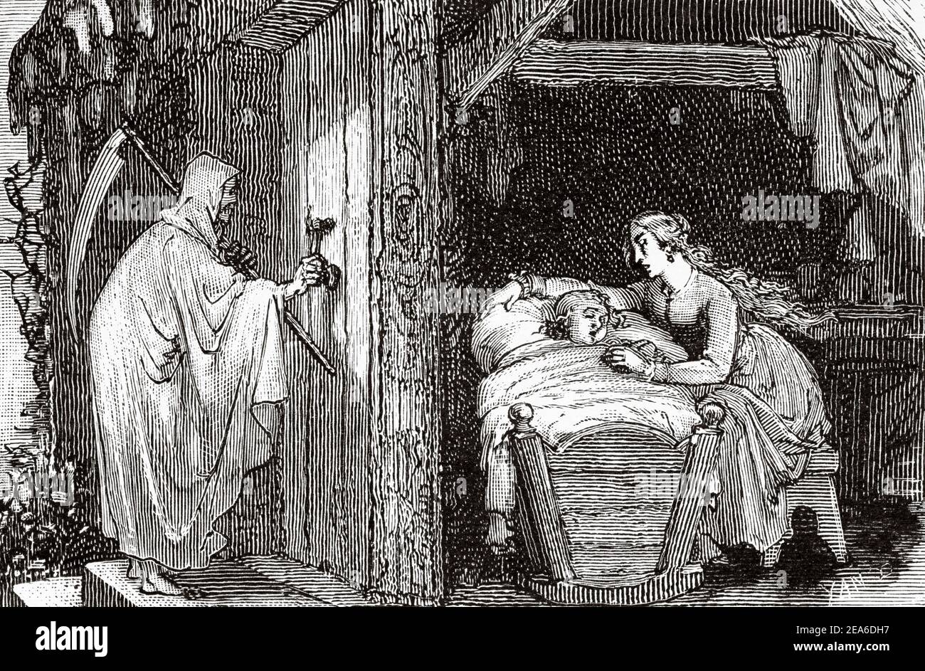 Grim Reaper. Death with scythe knocks on the door of an elderly woman ...