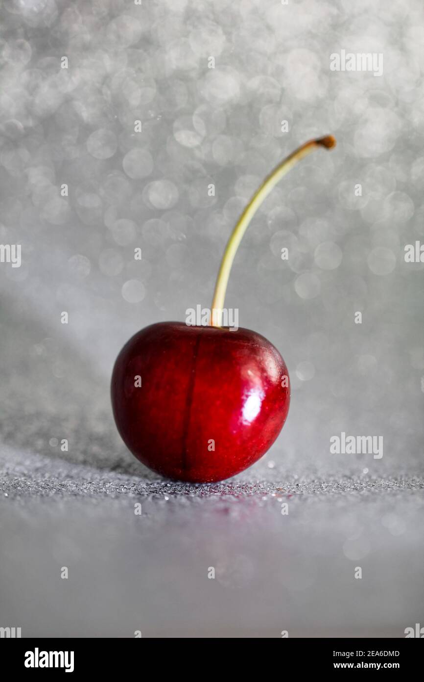 Closeup one red cherry fruit with root on light grey background with ...