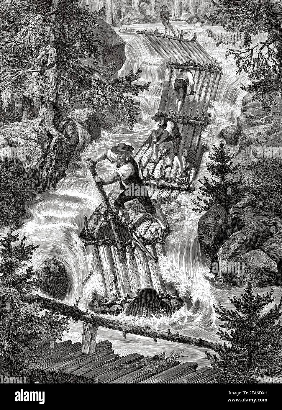 Old traditional wooden raft in the historical village of Schiltach ...