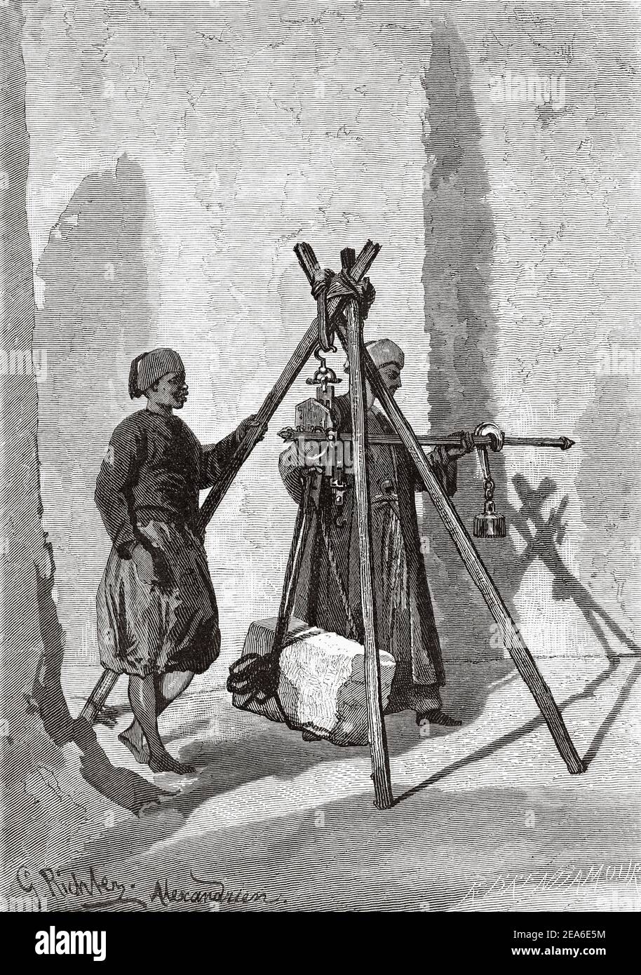 Measuring the weight of large stones using a Roman balance. Ancient ...