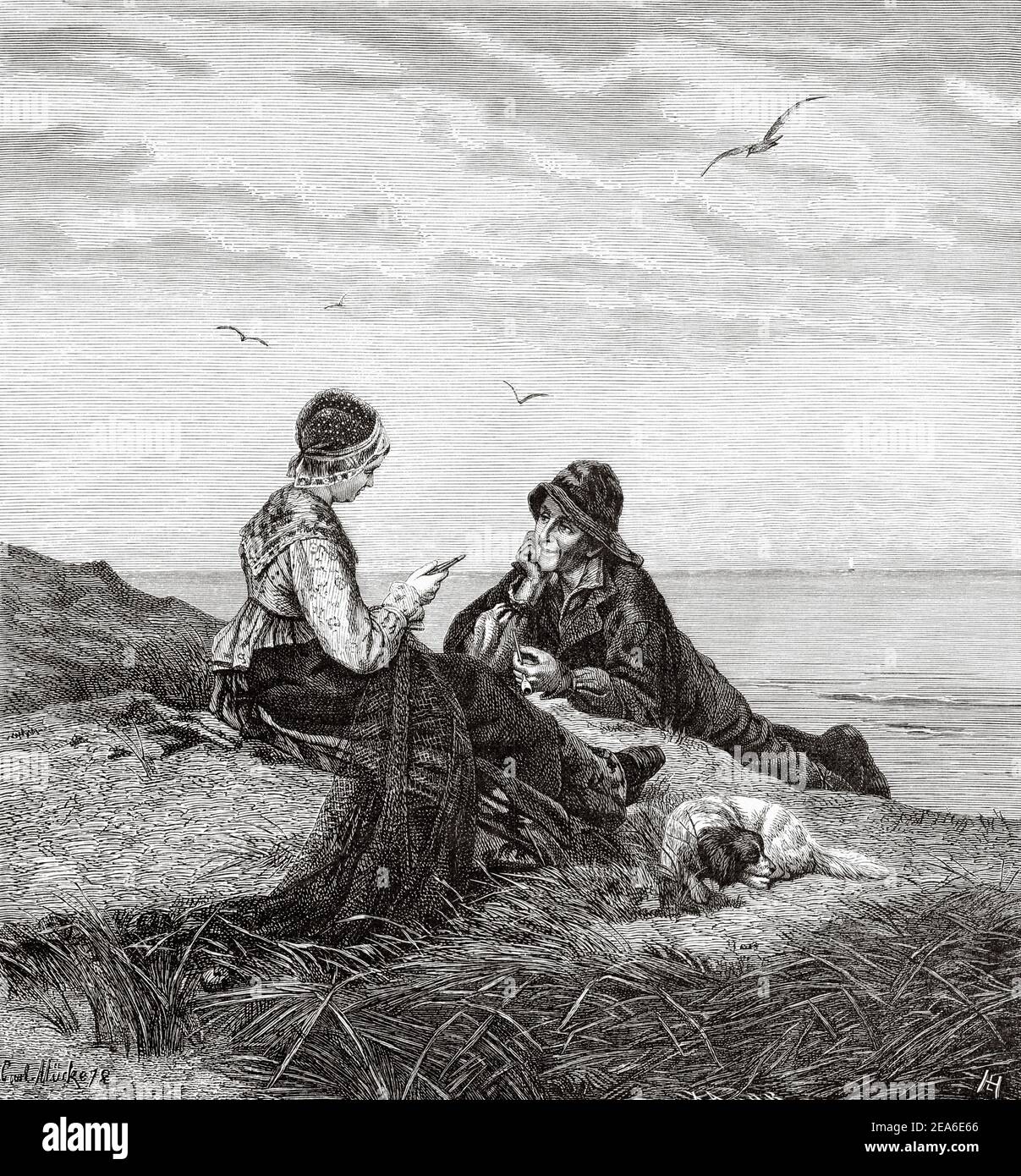 Woman weaving a net on the beach being watched by a man, Europe. Old ...