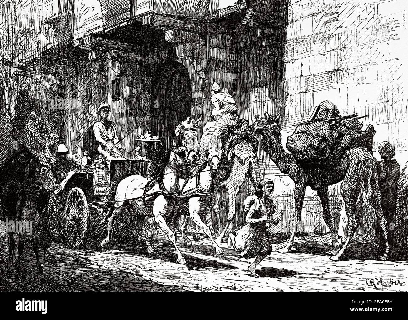 Carriage along a street in Cairo, Ancient Egypt History. Old 19th ...
