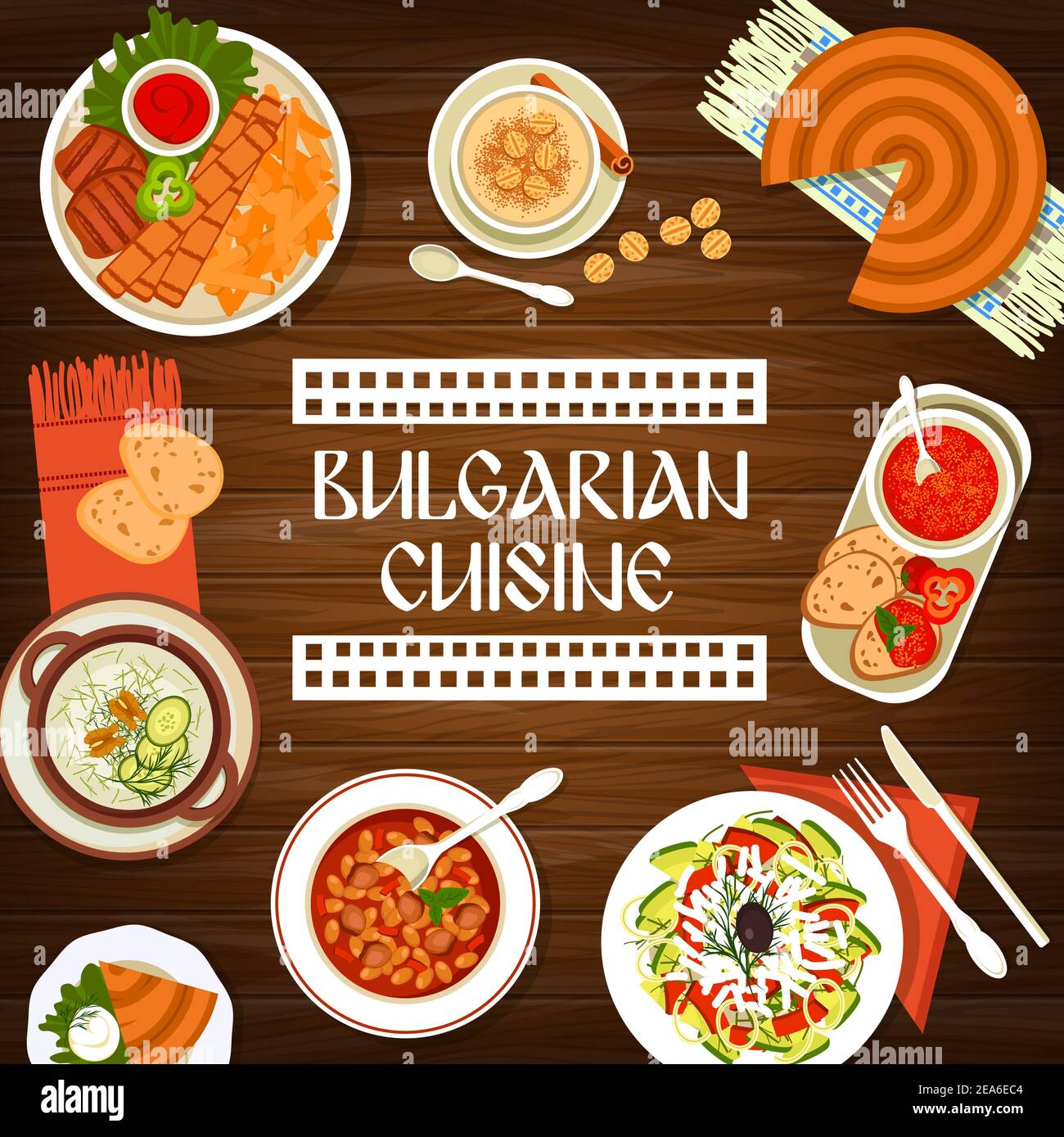 Bulgarian cuisine restaurant dishes banner. Pork kebapche, rice pudding ...
