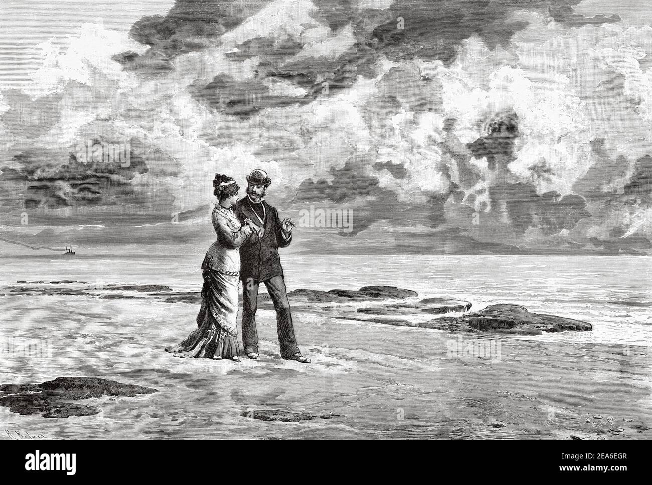 Honeymoon a newlywed couple of the nineteenth century walking along the ...