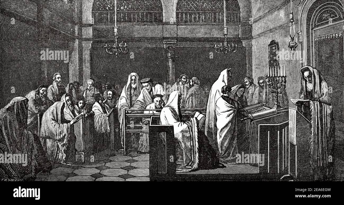 Interior of a synagogue during the Torah reading, Israel. Old 19th ...