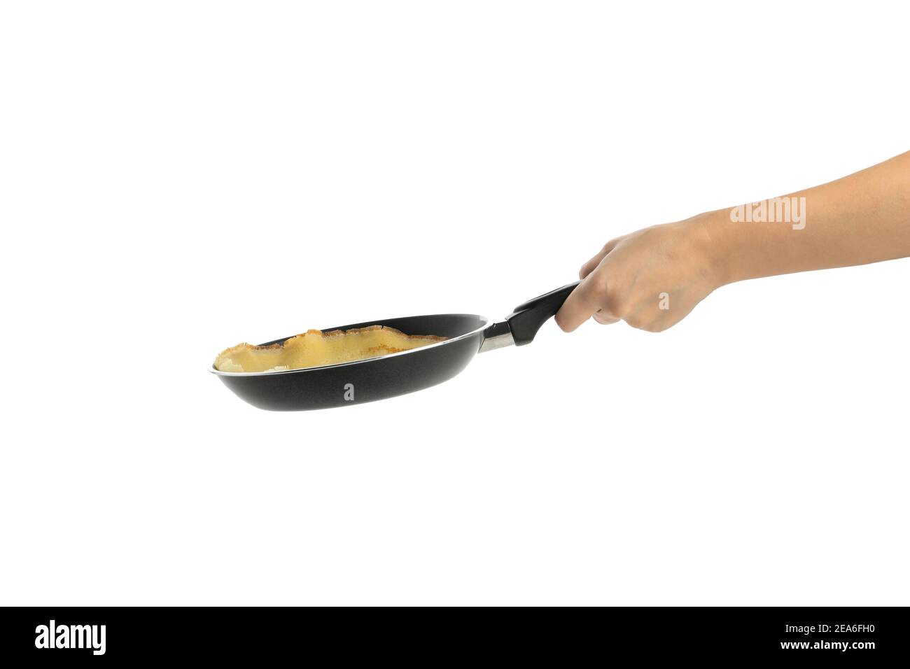 Female hand hold pan with thin pancake, isolated on white background ...