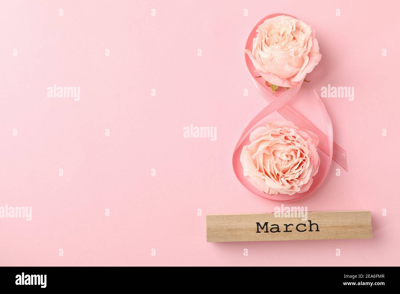 8 made of ribbon, wood block with text March and roses on pink ...