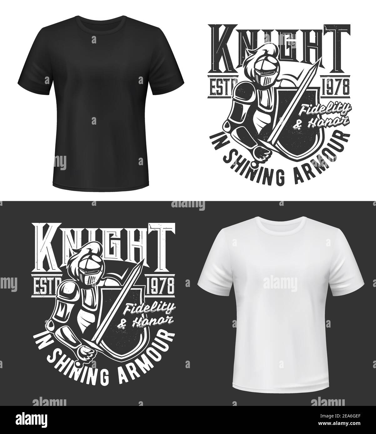 Tshirt print with knight, sword and shield vector mockup, fight club ...