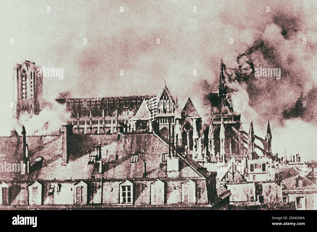 Bombardment of the Cathedral of Reims, France, in September of 1914, as ...