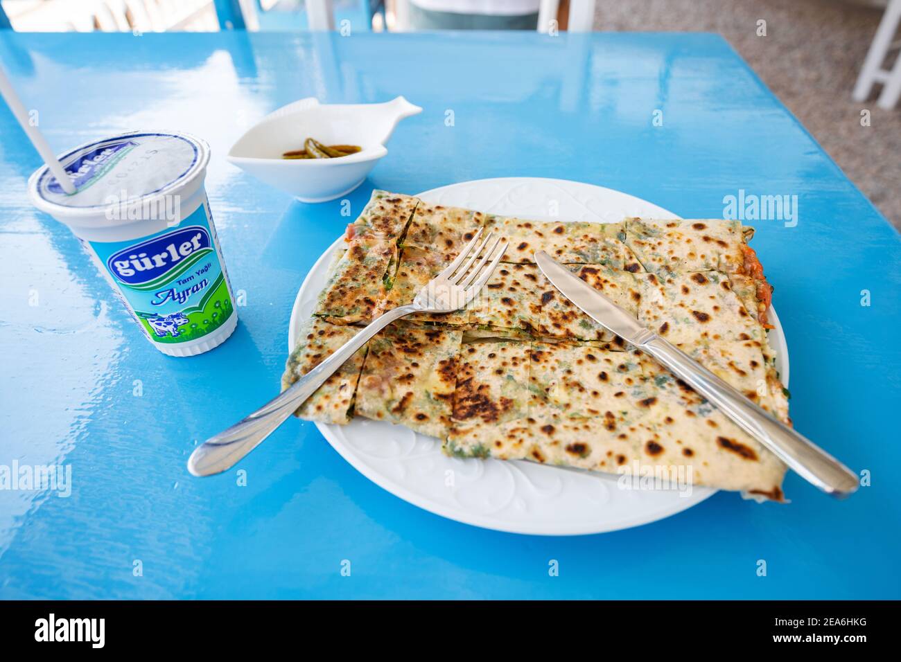 10 September 2020, Oludeniz, Turkey: Gozleme pancake and traditional ...