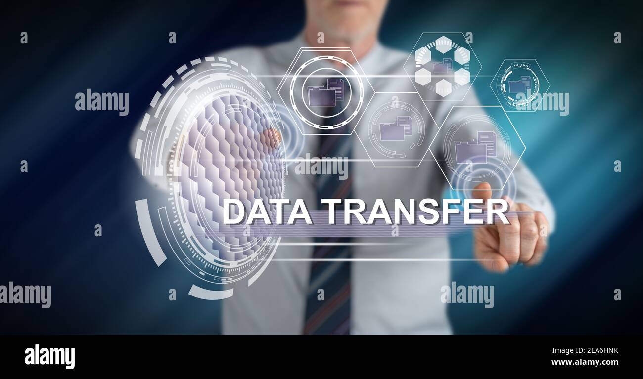 Man touching a data transfer concept on a touch screen with his fingers ...