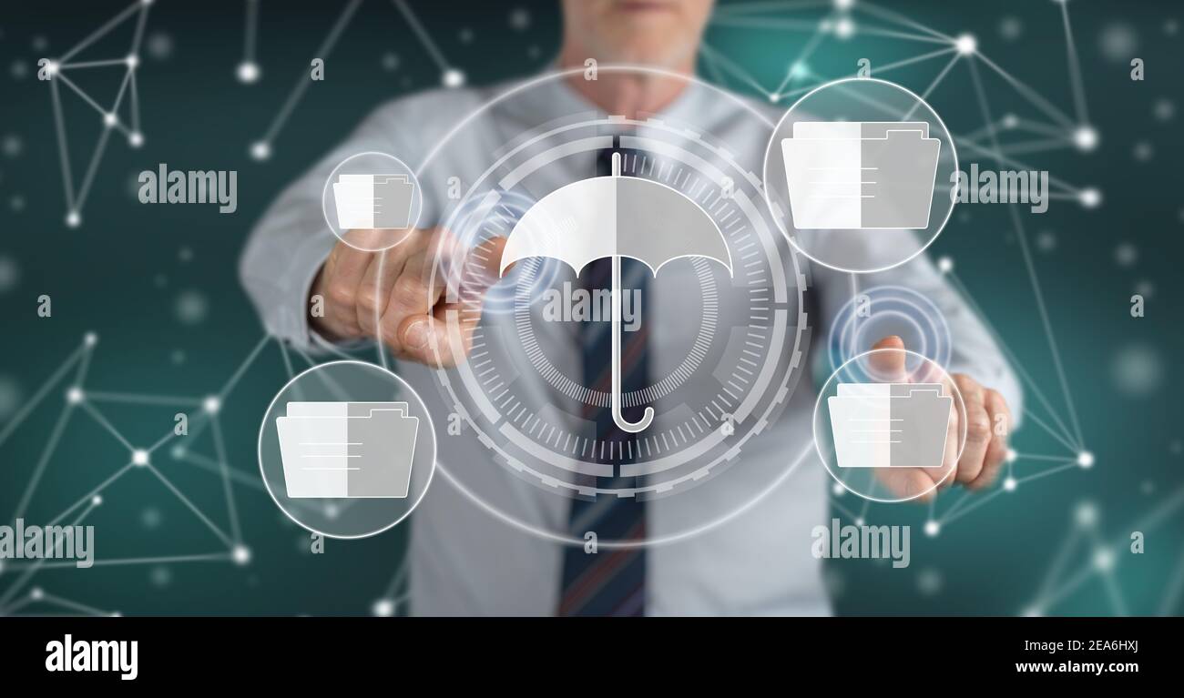 Man touching a data protection concept on a touch screen with his ...