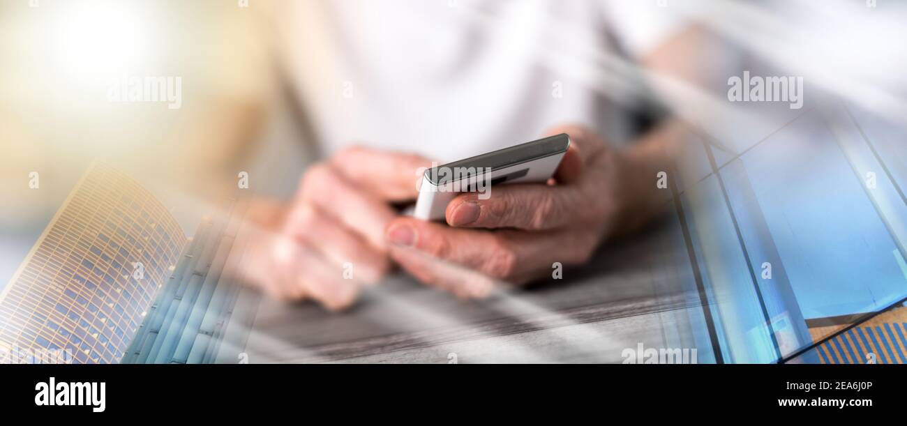 Man sitting using a smartphone; multiple exposure Stock Photo - Alamy