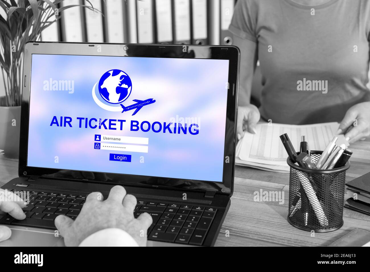 Laptop screen with air ticket booking concept Stock Photo - Alamy