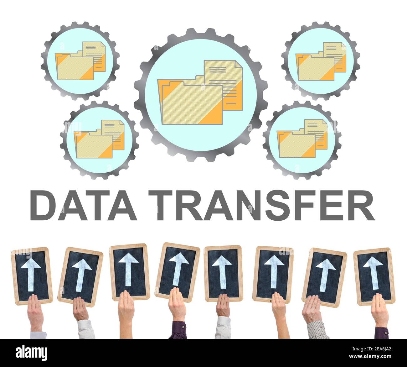 Hands holding writing slates with arrows pointing on data transfer ...