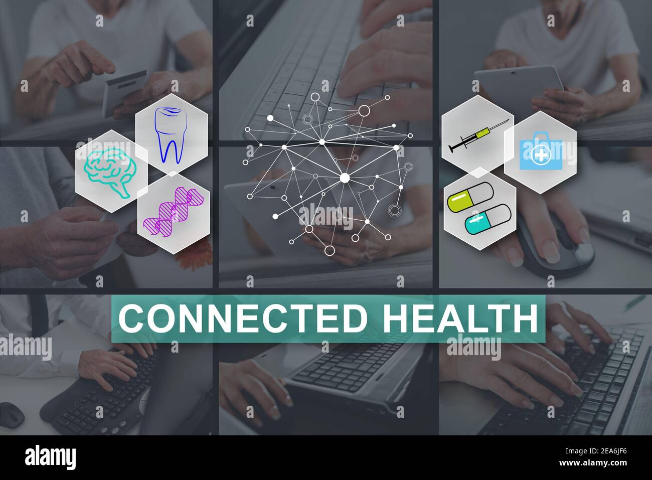 Connected health concept illustrated by pictures on background Stock ...