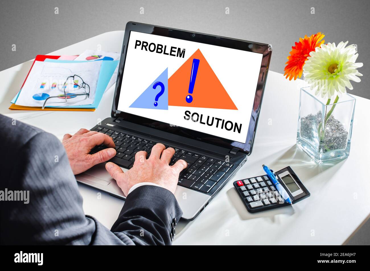 Man typing on a laptop showing a problem and solution concept Stock ...