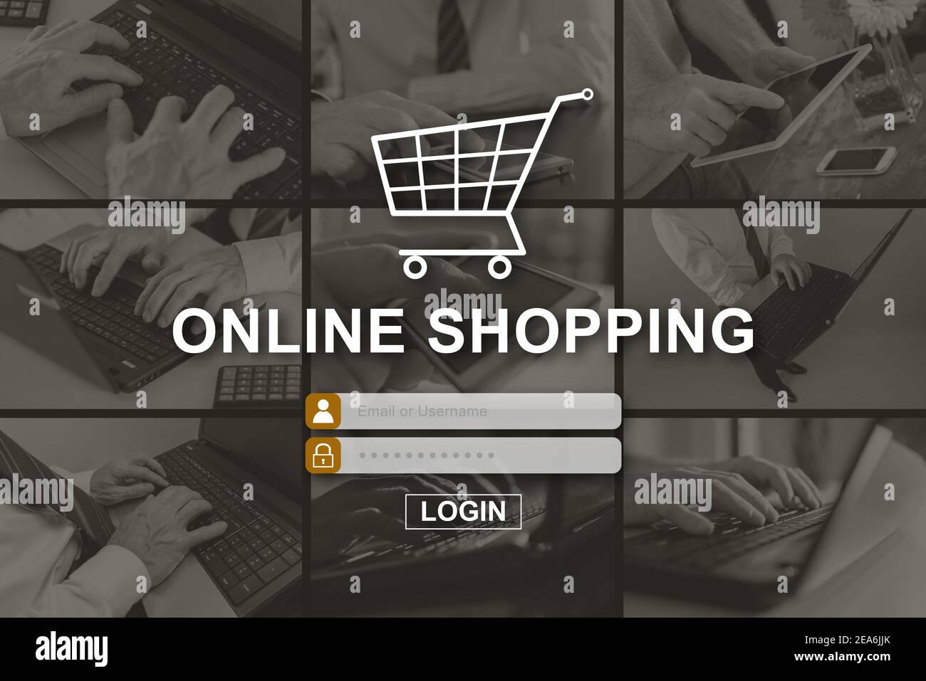 Online shopping concept illustrated by pictures on background Stock ...