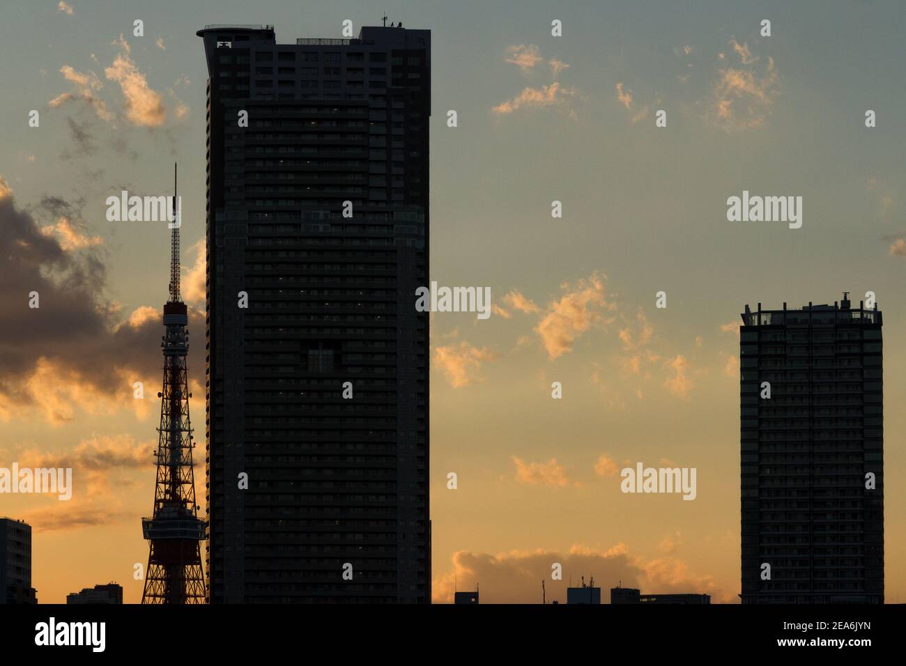 Tokyo Tower behind high-rise apartment buildings in Tokyo, Japan Stock ...