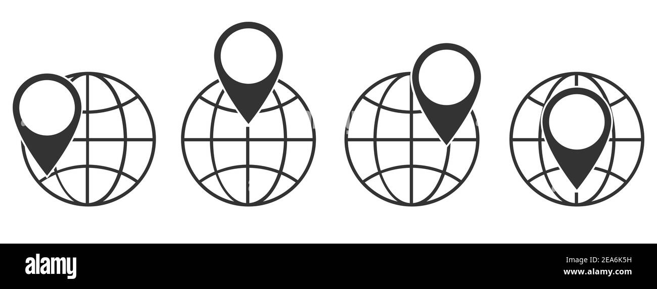 Planet Earth icon with location symbol. Set of linear globe icons ...