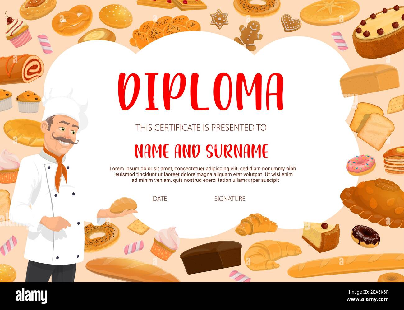 Baker, bakery or pastry shop diploma template. Restaurant chef or ...