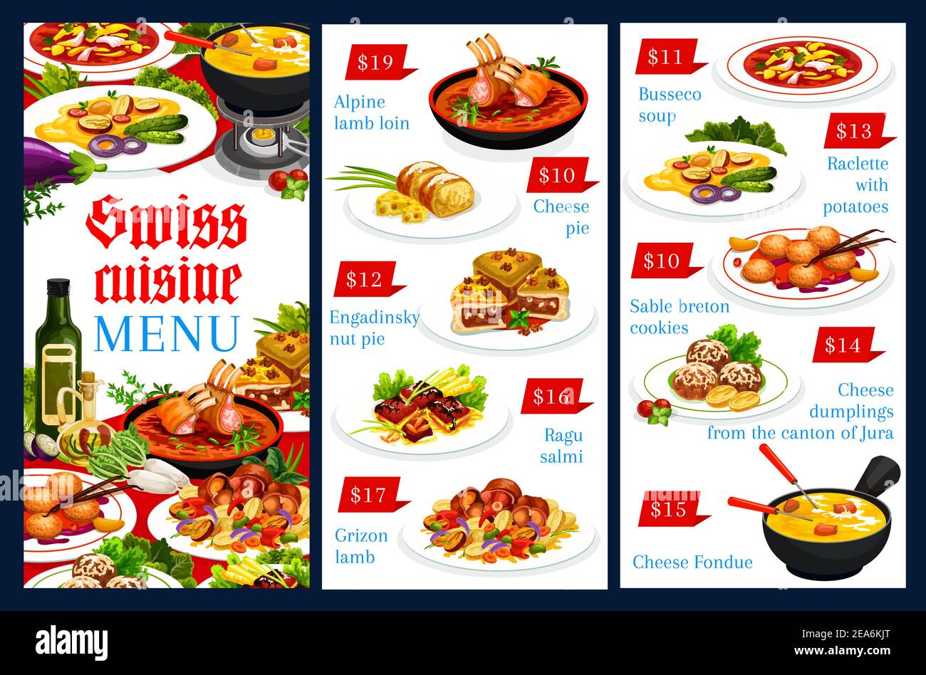 Swiss cuisine menu vector template alpine lamb loin, cheese pie ...