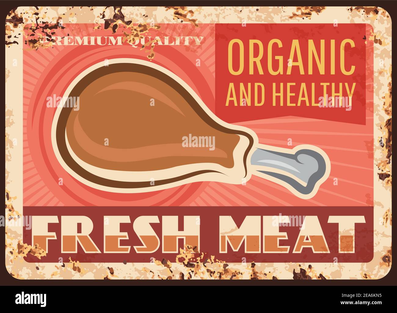 Fresh meat rusty metal plate with chicken leg, vector vintage rust tin ...