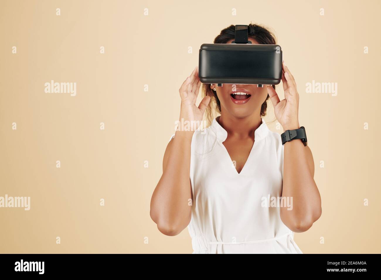 Woman in VR helmet Stock Photo - Alamy