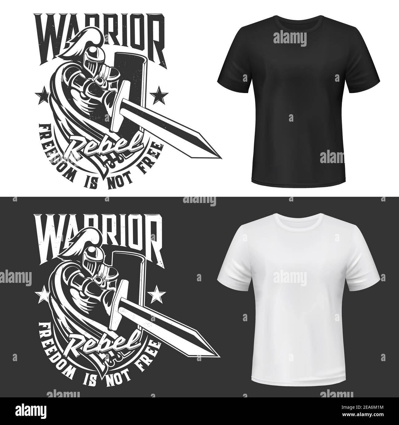 Tshirt print with knight and sword vector mockup, medieval warrior in ...