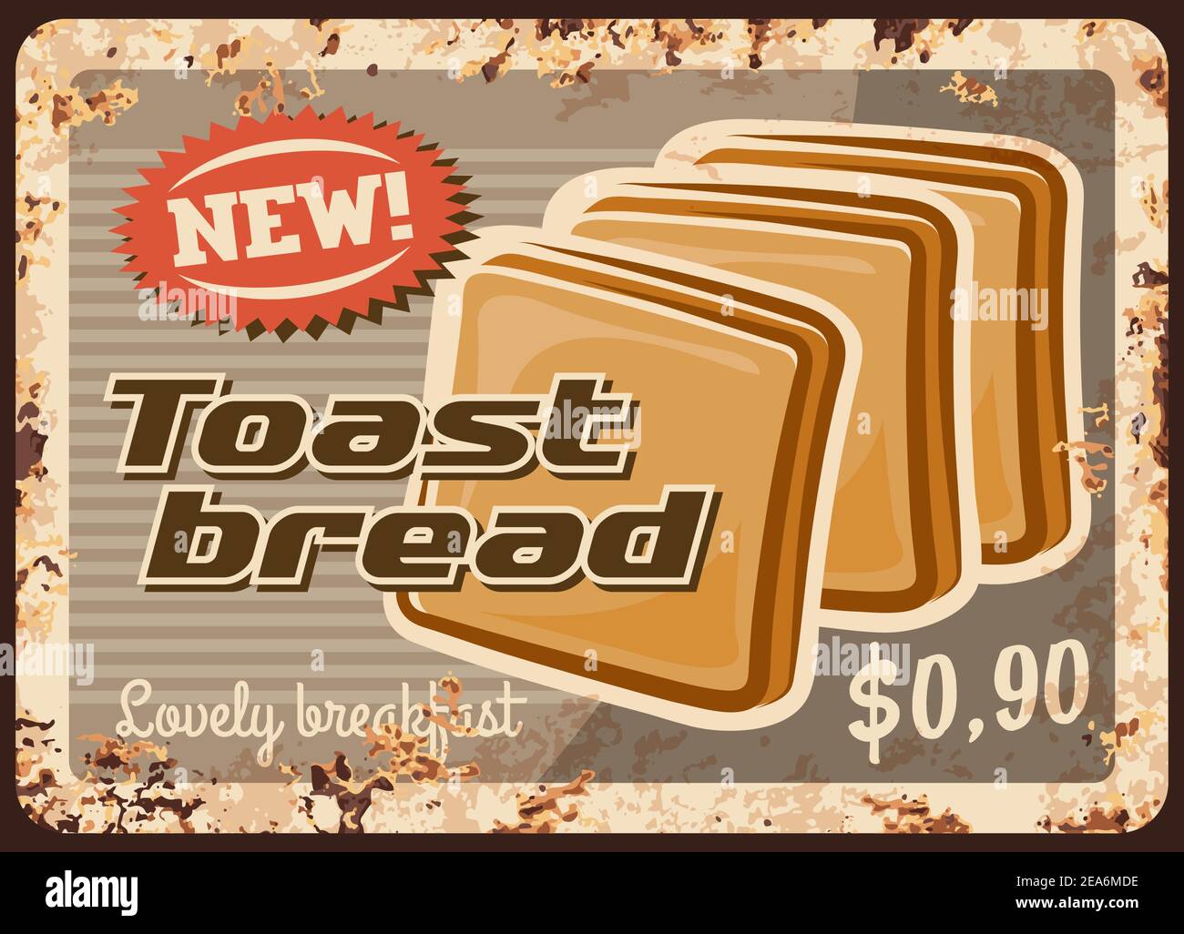 Toast bread, bakery metal plate rusty, baked food vector retro poster ...
