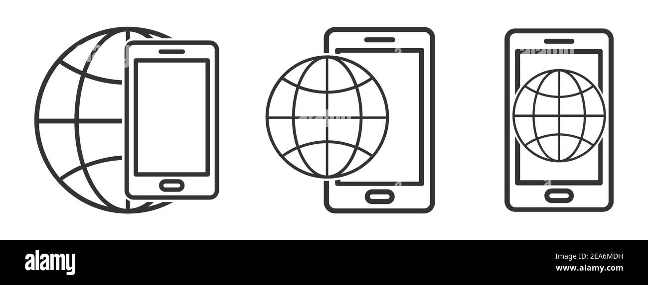Planet Earth symbol with smartphone icon. Set of linear globe icons ...