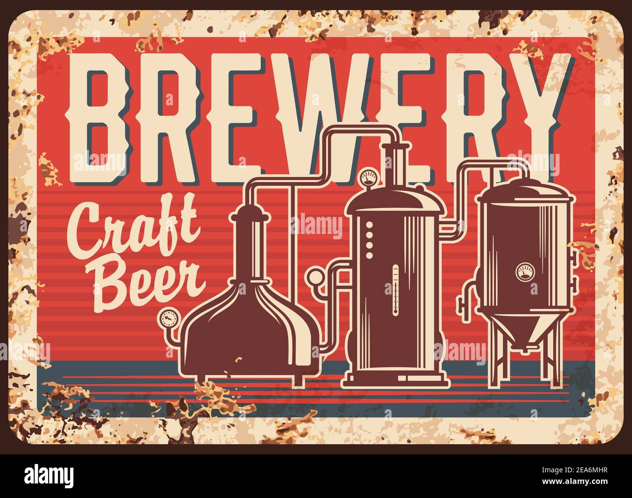Craft beer brewery rusty metal vector plate. Copper brew kettles with ...