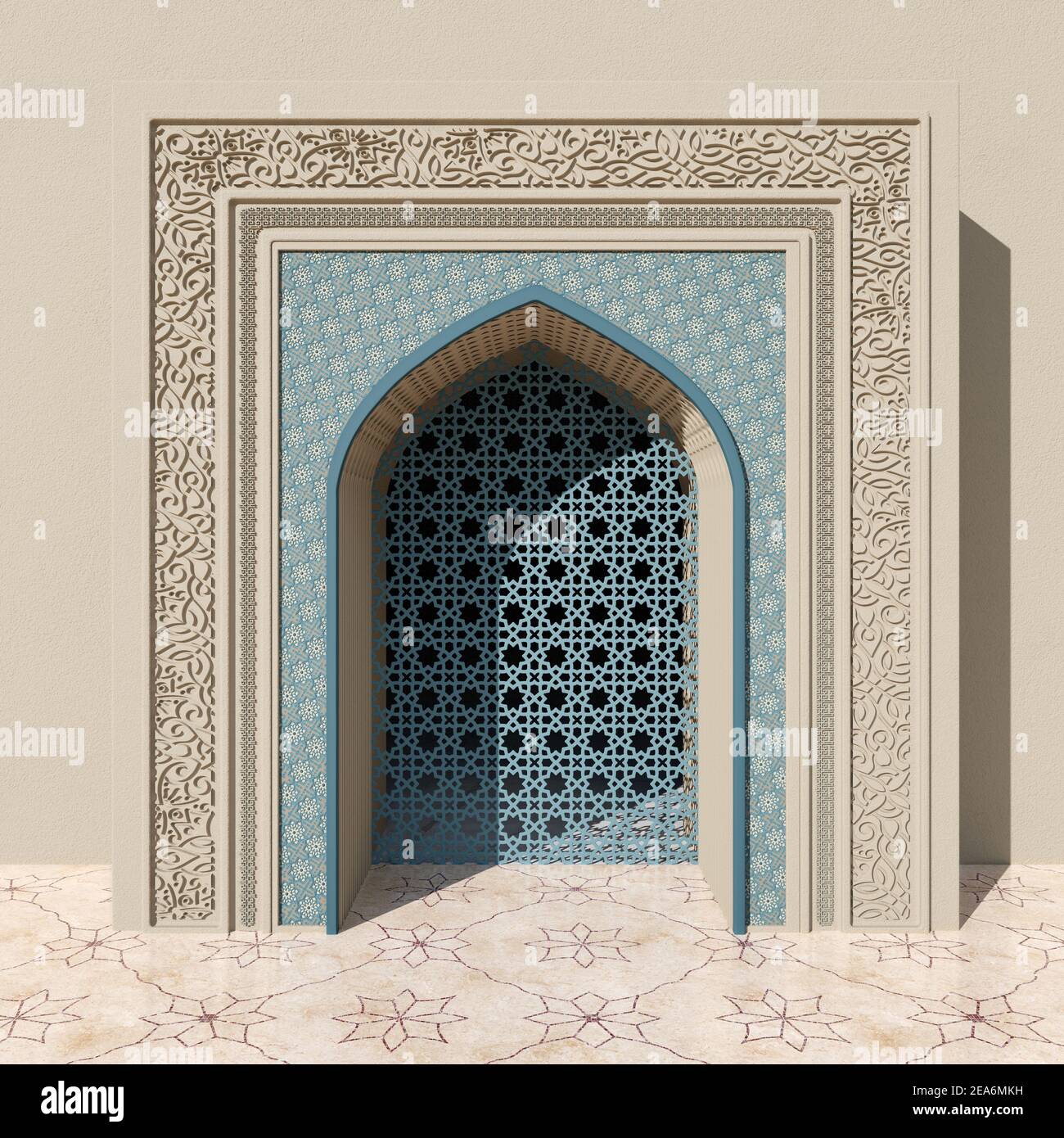 Beige Mosque Arch With Blue Floral And Geometrical Pattern, Stone ...