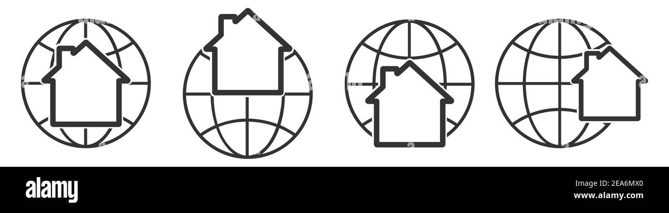 Planet Earth symbol with house icon. Set of linear globe icons. Vector ...
