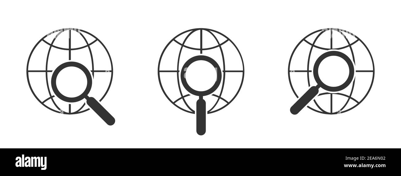 Planet Earth symbol with magnifier icon. Set of linear globe icons ...