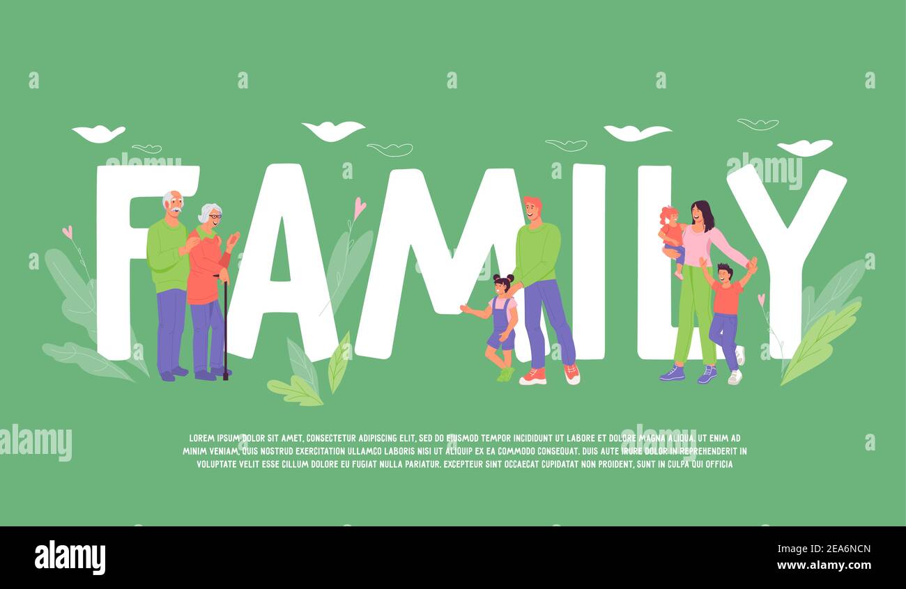 Large family web banner concept with cartoon characters of various ...