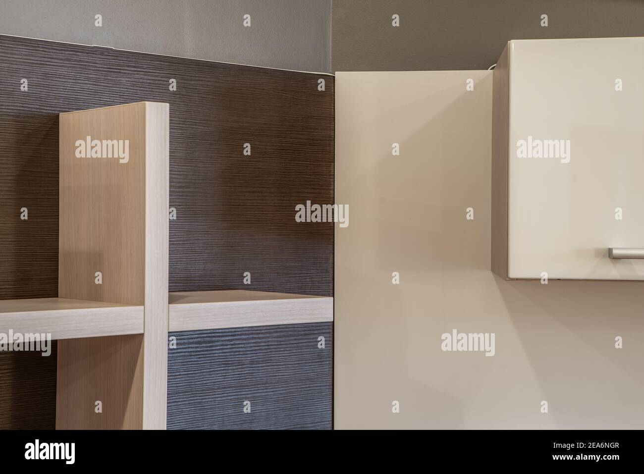 Close-up of empty wooden shelf. Modern interior of living room Stock ...