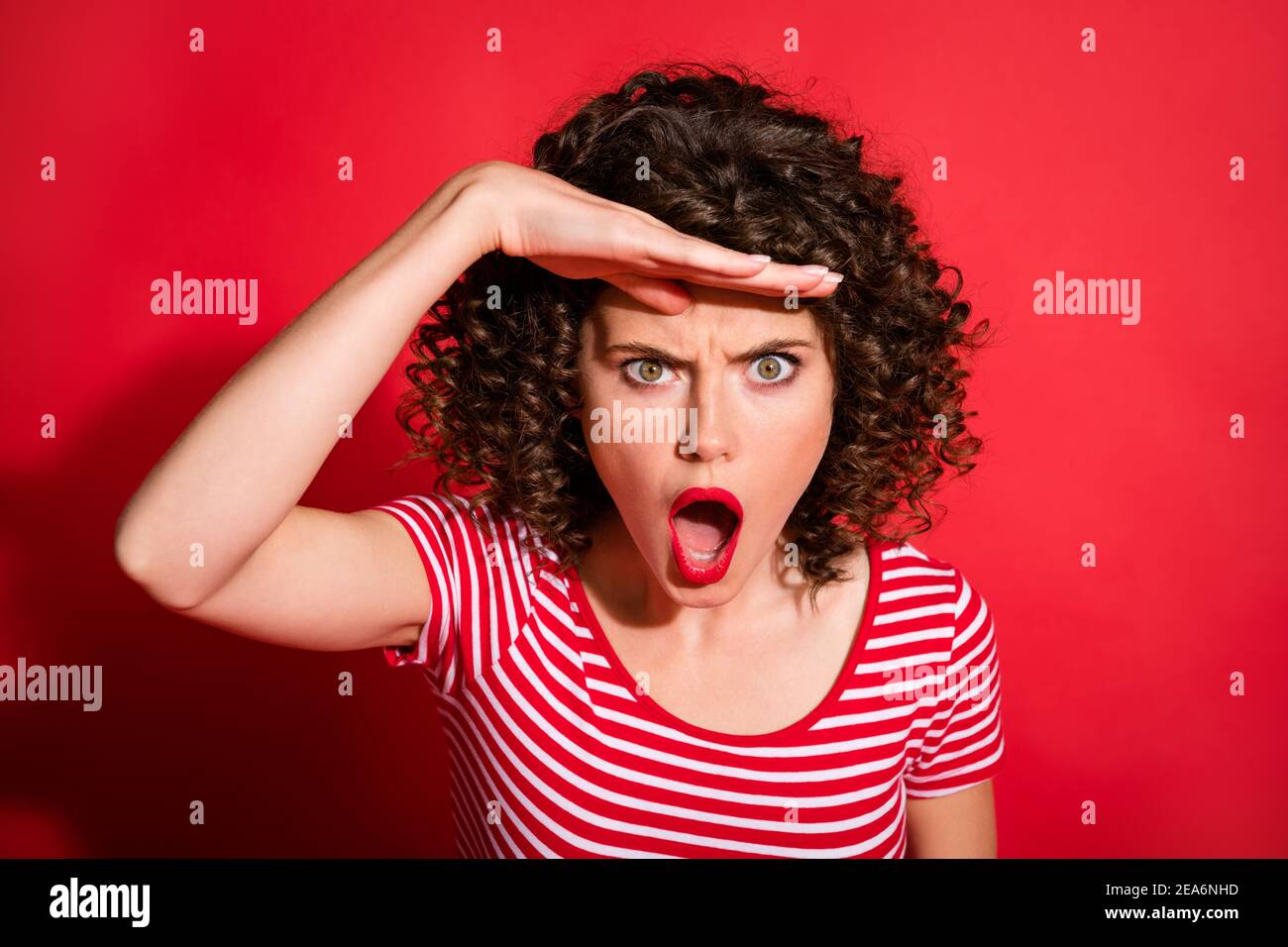 Photo of young curly hair girl shocked amazed hand touch forehead open ...
