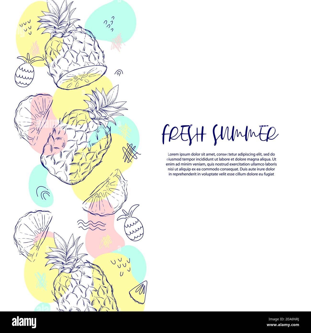 Summer banner or poster template with pineapple in hand drawn doodle ...