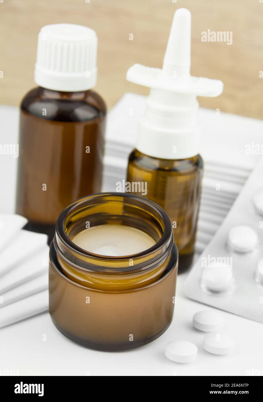 Cold medications with balm and mineral tablets Stock Photo - Alamy