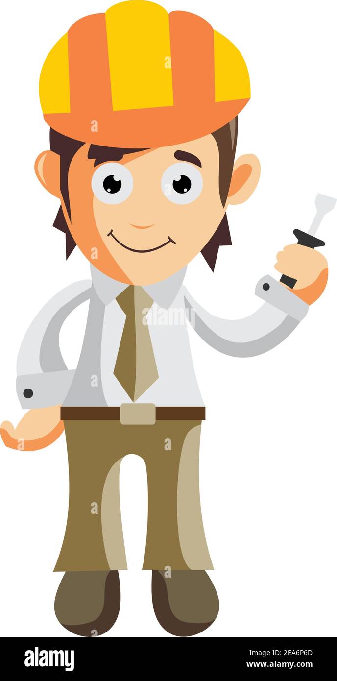 Business man Wear Helmet Construction and holding screwdriver cartoon ...