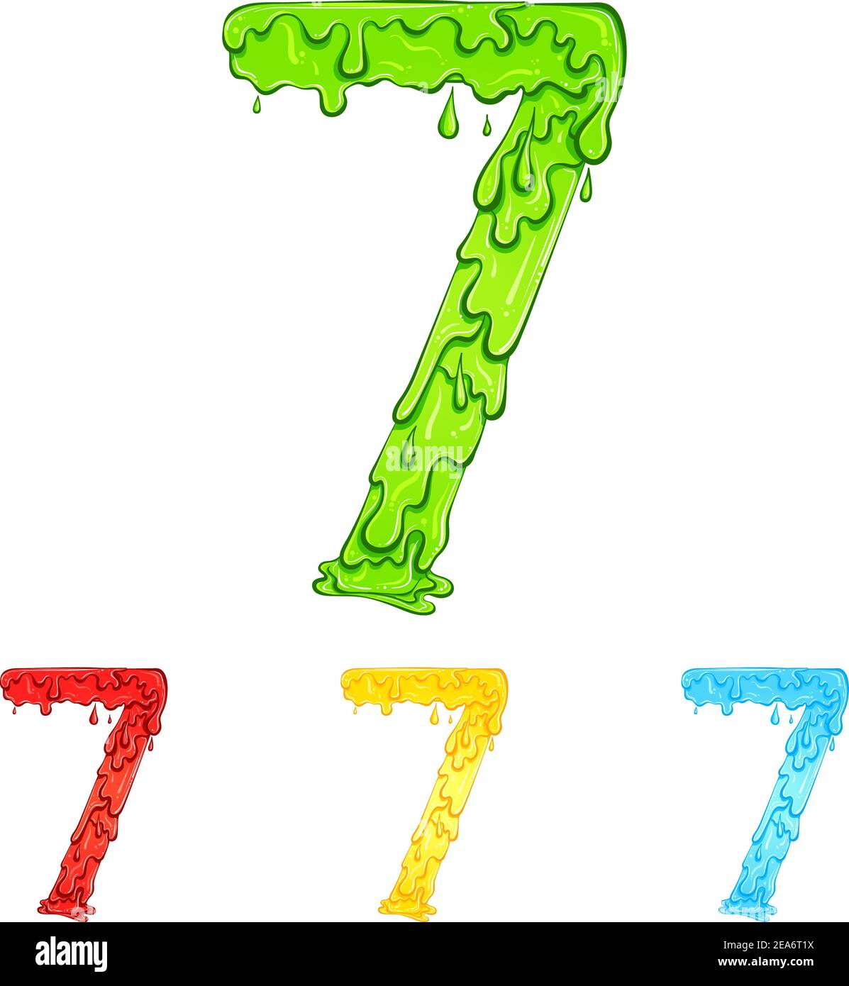 Number 7 with flow drops and goo splash. Color illustration of the ...
