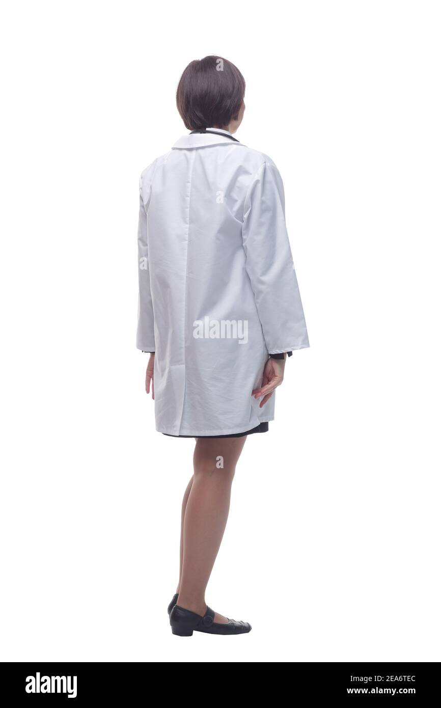 female doctor looking at a white screen. isolated on a white background ...