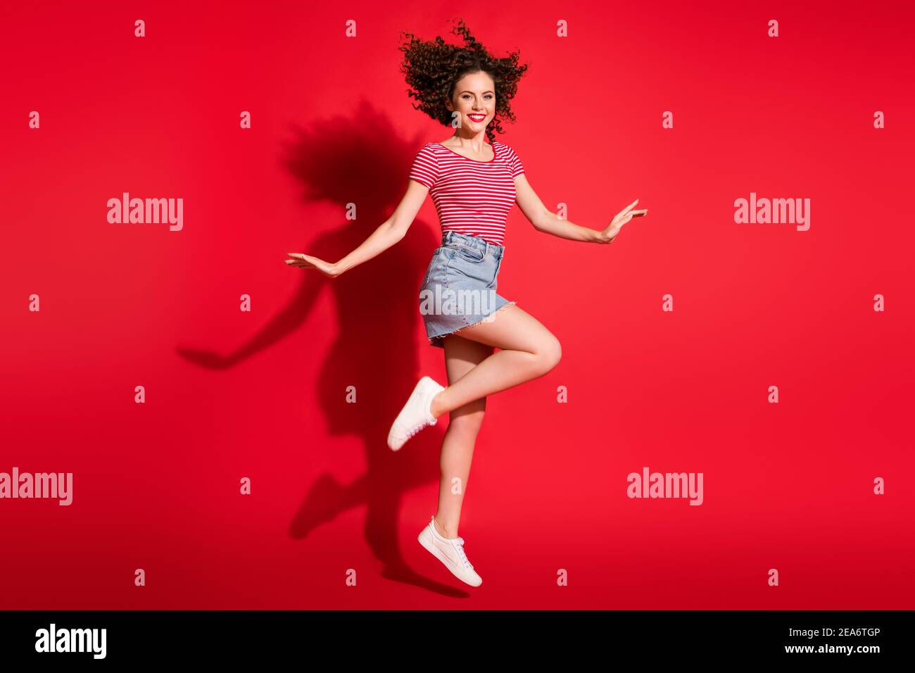 Full body photo of young positive girl smile jump wear casual outfit ...